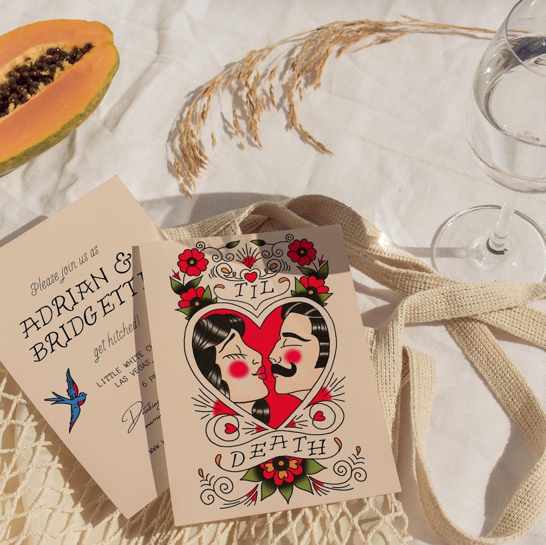 Tattoo Wedding Invitation: Rockabilly Old School Design (canva Template ...