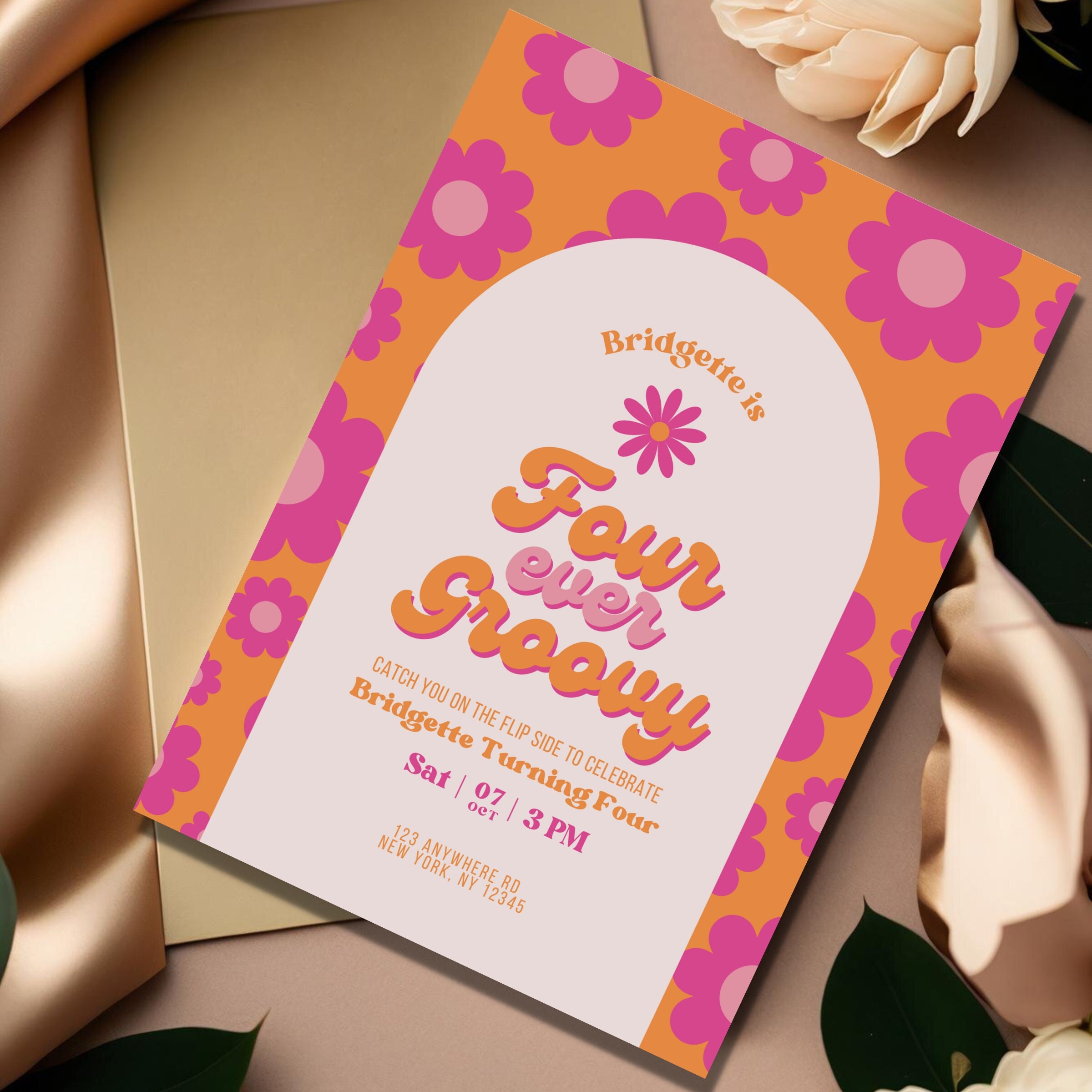 Four Ever Groovy Birthday Theme Birthday Invitation Retro 4th - Etsy