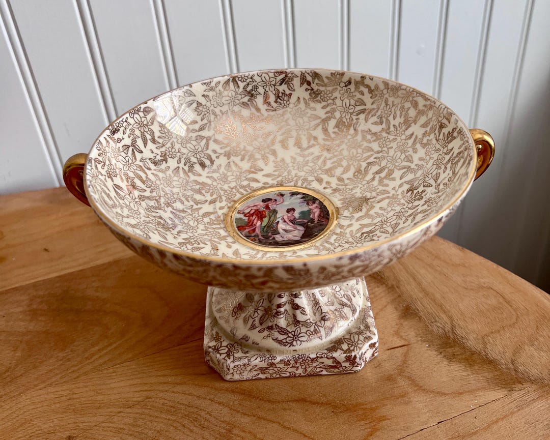 Elegant Empire Ware England Gold Pedestal Bowl Victorian Scene Chintz ...
