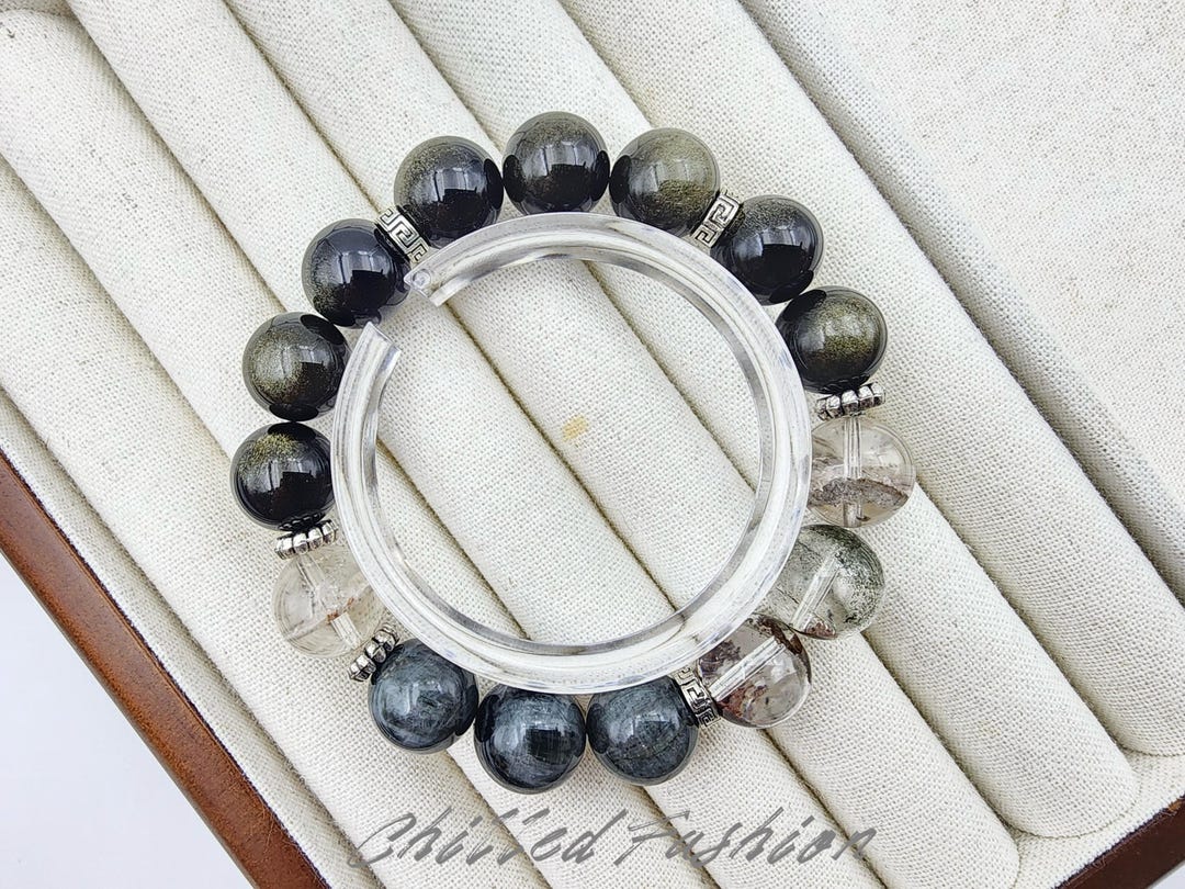 12mm Hawk’s Eye, Phantom Quartz and Gold Sheen Obsidian Bracelet ...
