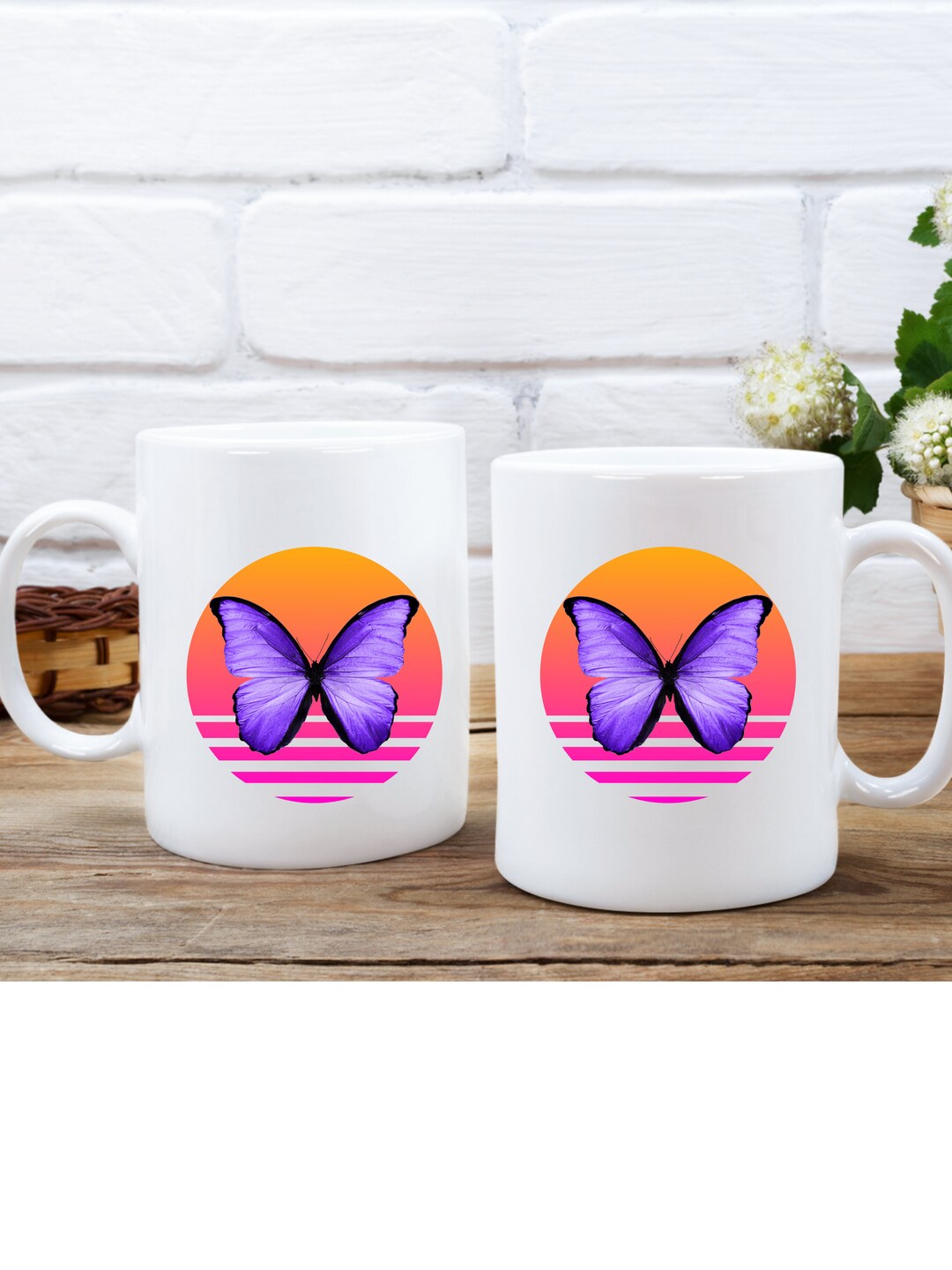 Butterfly White Ceramic Mug 15oz Gift for Him Her Retro Neon Sunset ...
