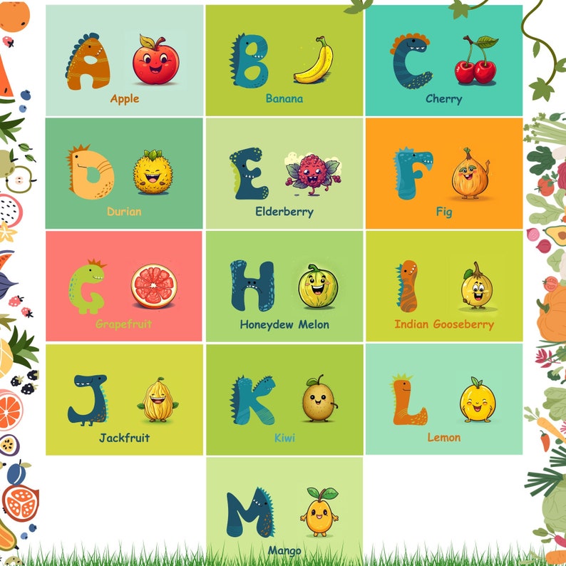 Printable ABC Fruits Flash Cards, Alphabet Flashcards, Educational ...