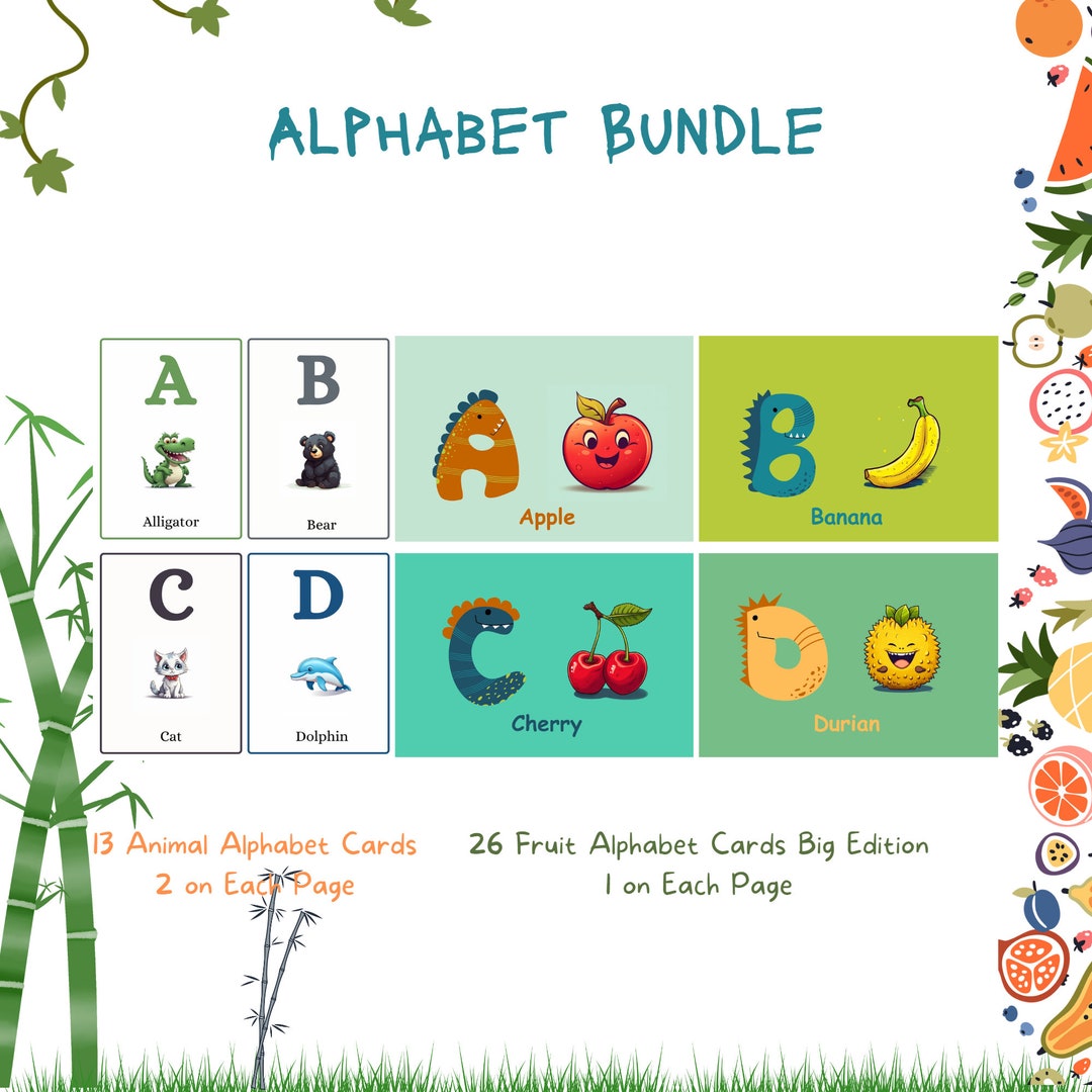 Printable Alphabet Flash Cards Bundle, Animal and Fruits Cards, Early ...