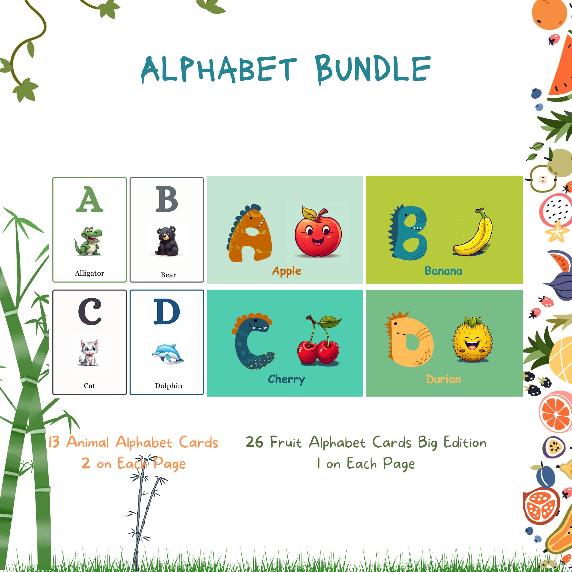 Printable Alphabet Flash Cards Bundle, Animal and Fruits Cards, Early ...