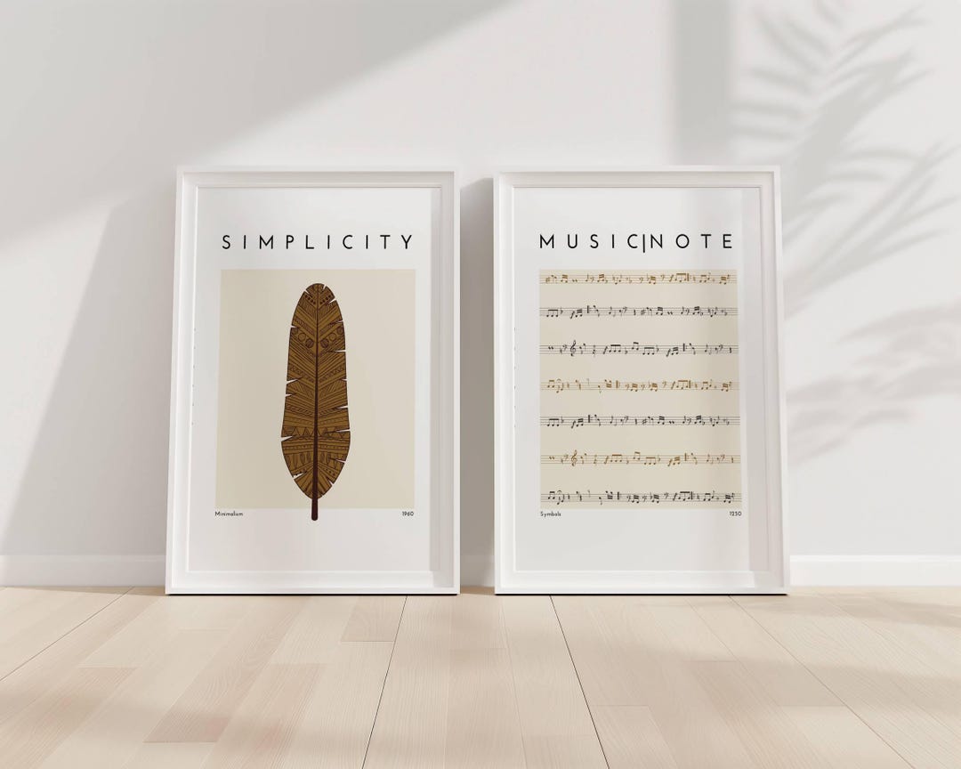 Set of 2 Minimalist Wall Art | Boho Feather & Music Note Prints ...