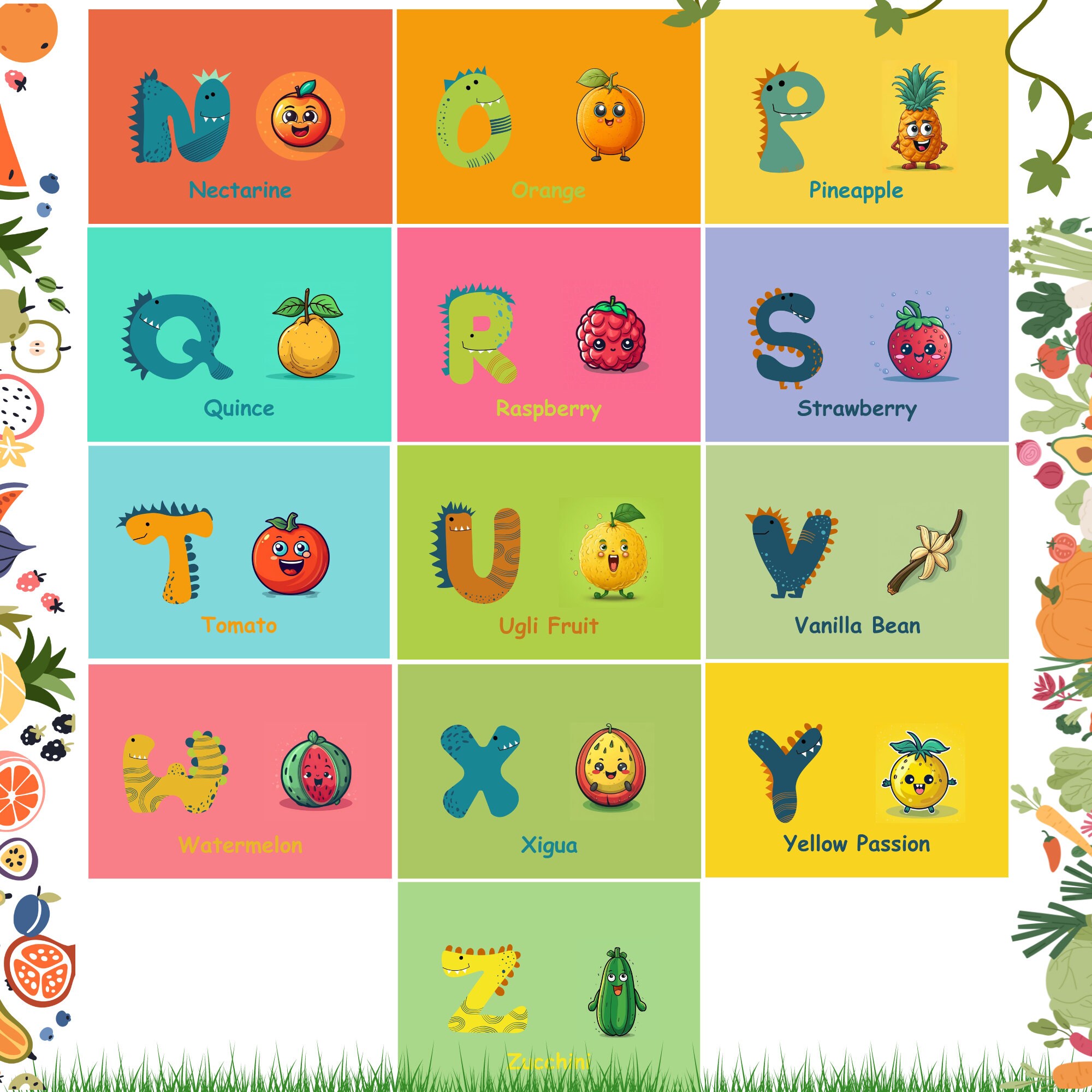 Printable ABC Fruits Flash Cards, Alphabet Flashcards, Educational ...