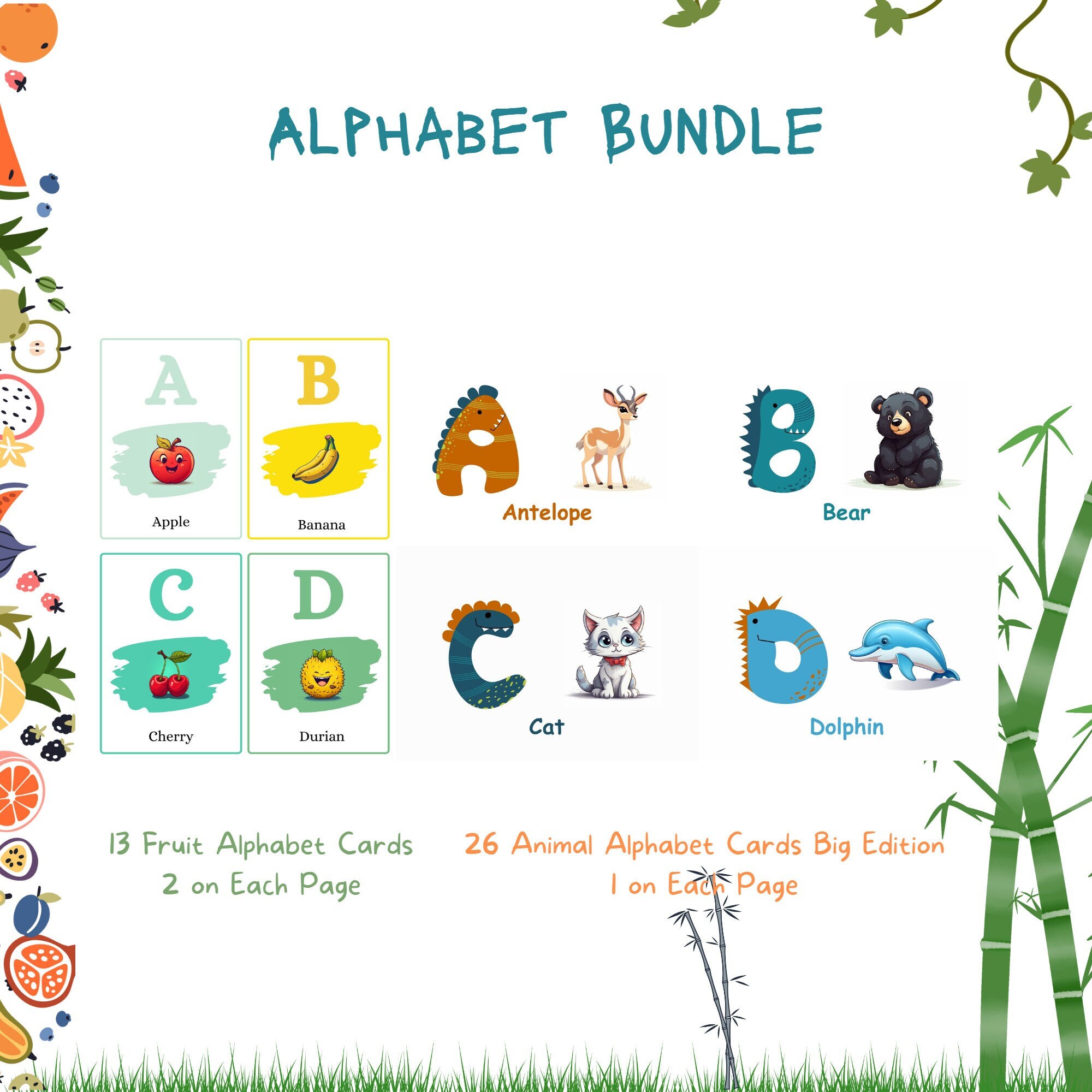Alphabet Flash Cards Bundle, Animal and Fruits Cards, Early Learning ...