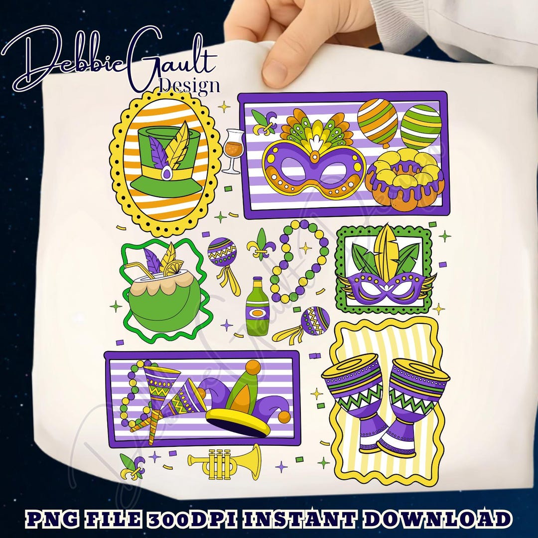 Mardi Gras Doddles PNG, Cute Masks, Beads, and Jester Hat PNG, Purple ...