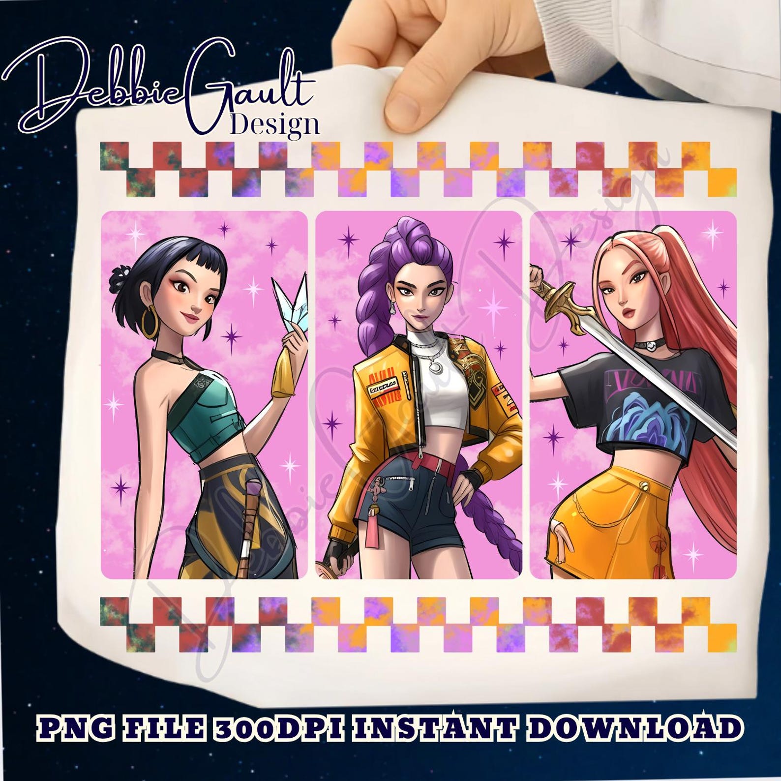 Huntrix Checkered Preppy Demon Hunter PNG, Glitter Colorful Kpop Girl ...