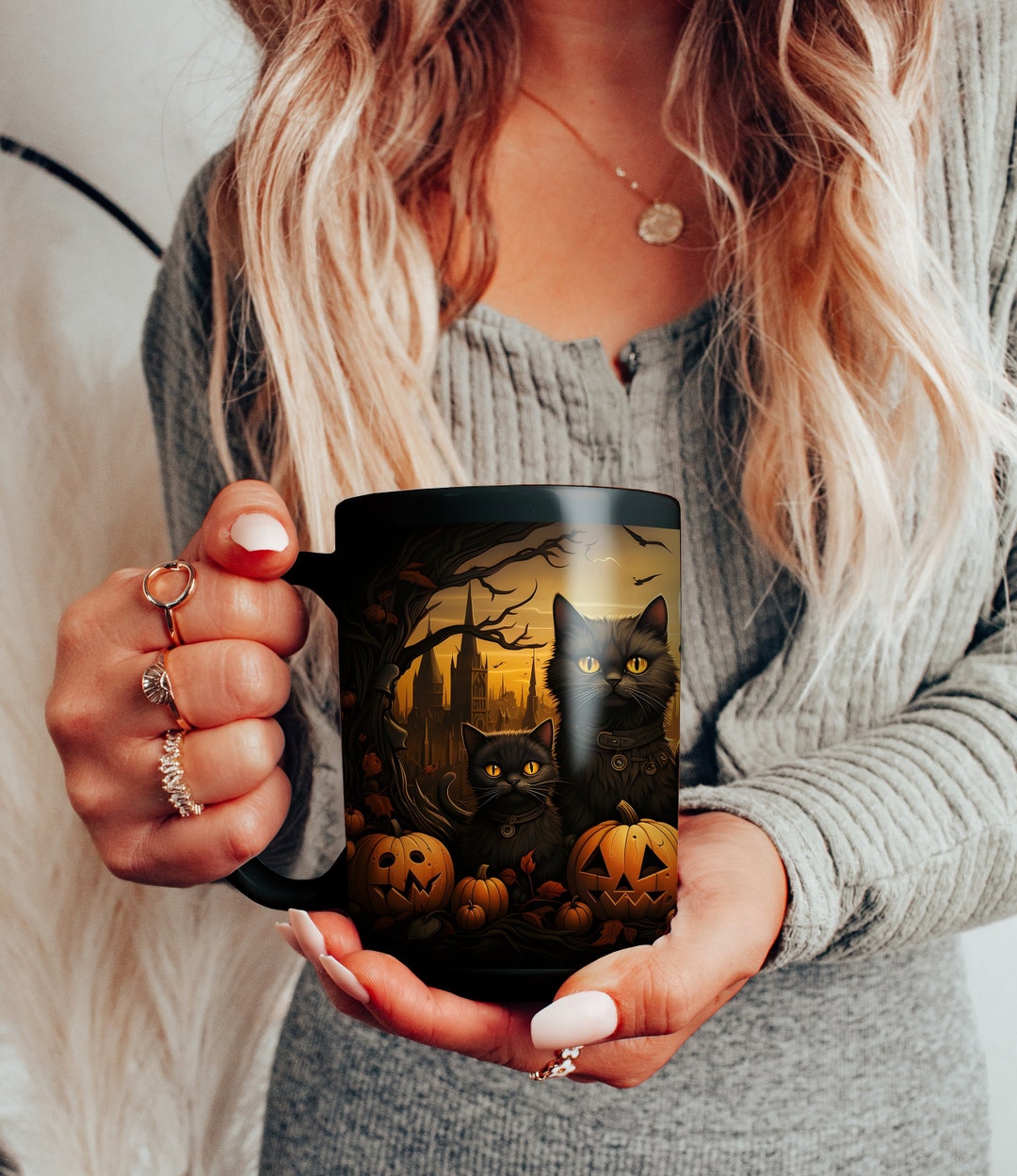 Halloween Cat Mug Vintage Style, Halloween Cat Mug, 15oz Mug, Cat ...