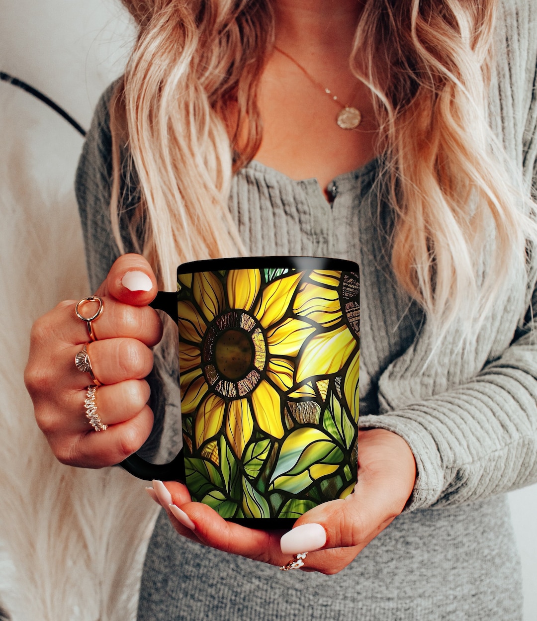 Sunflower Stained Glass Inspired Black Mug, 15oz Sunflower Big Mug ...
