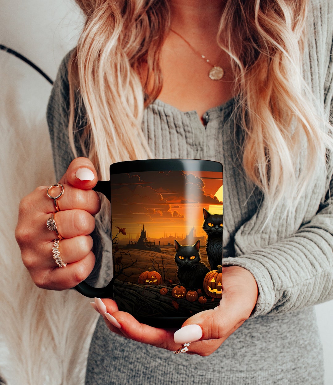 Halloween Cat Mug Vintage Style, Halloween Cat Mug, 15oz Mug, Cat ...