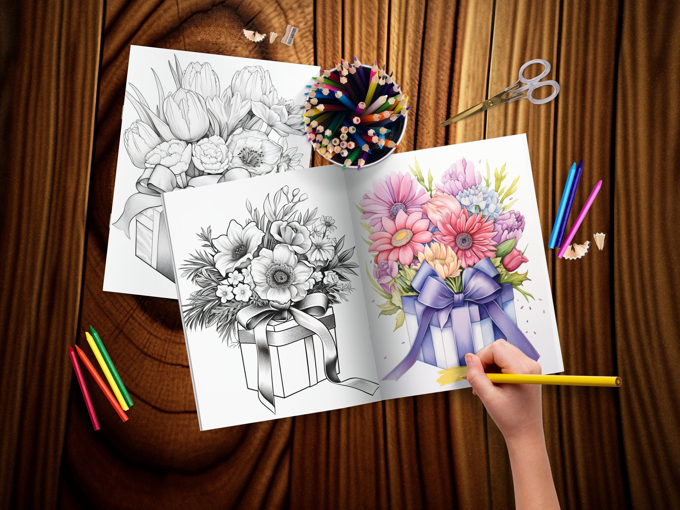 Flowers Gift Box Coloring Pages Adult Coloring Book Bouquet Gift Box ...