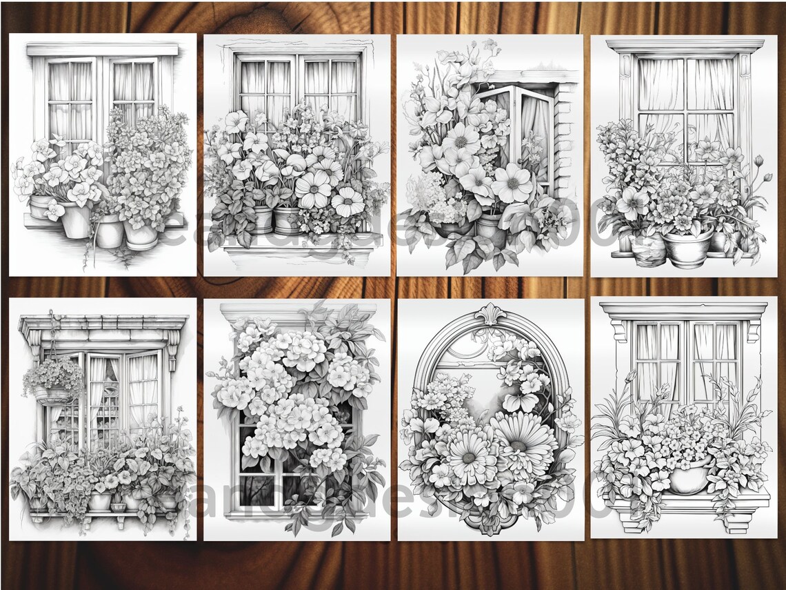 Blooming Windows Coloring Pages for Adults Floral Window Coloring ...