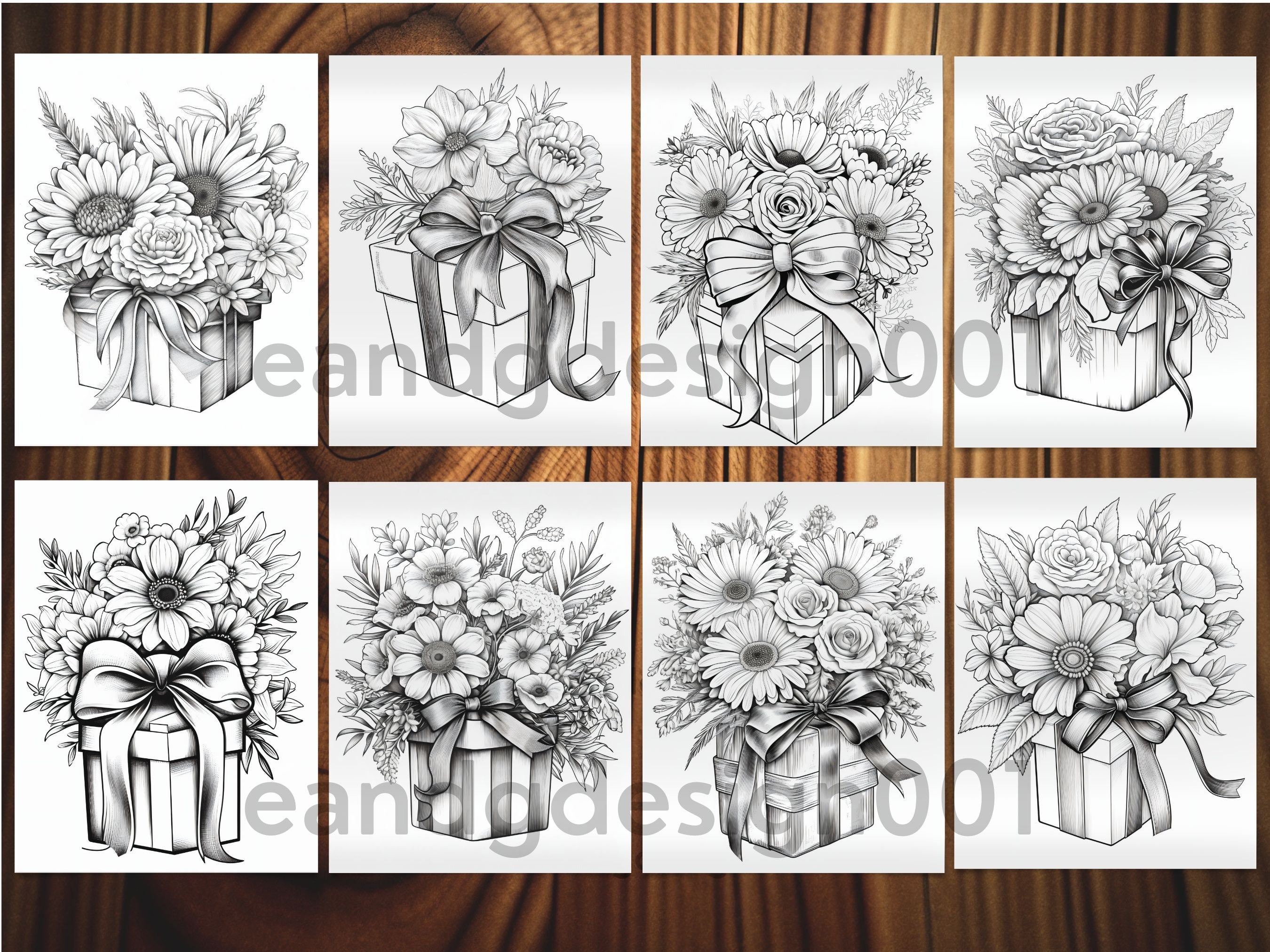 Flowers Gift Box Coloring Pages Adult Coloring Book Bouquet Gift Box ...