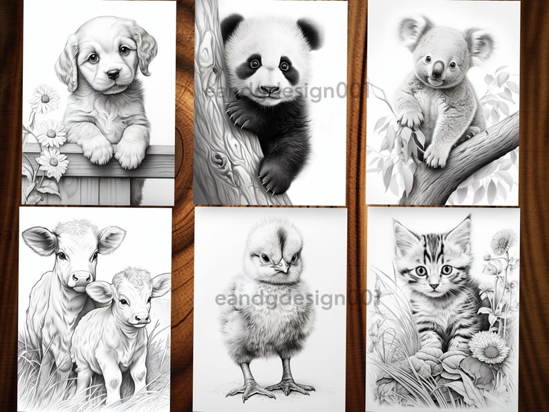 Cute Baby Animals Grayscale Coloring Pages Printable Adult - Etsy