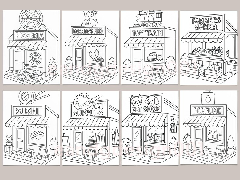 3D Retail Storefront Coloring Page, Printable Boutique, Bakery, Shop ...