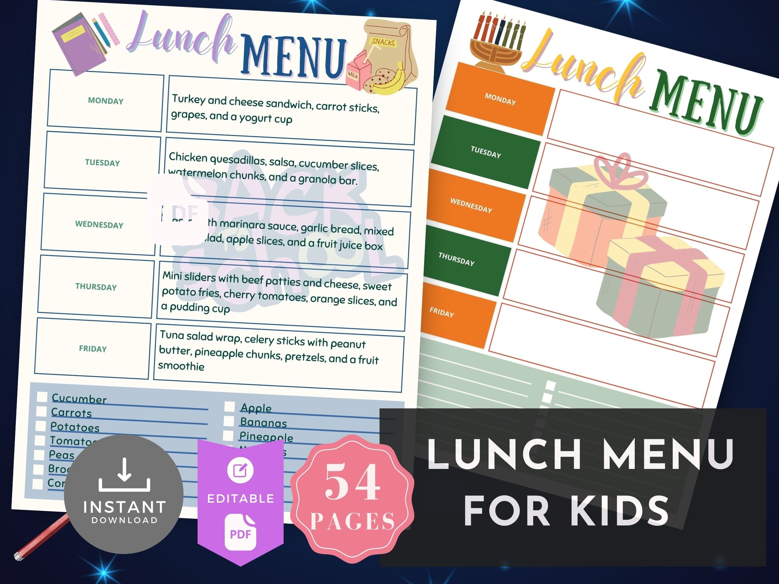 Editable Lunch Menu for Kids INSTANT DOWNLOAD Editable PDF - Etsy Australia