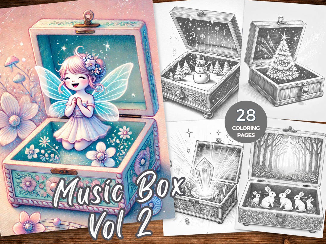 Music Box Coloring Book Fantasy World in a Music Box Greyscale Coloring ...