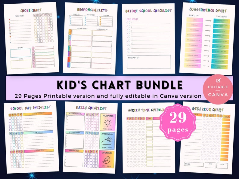 Editable Reward Chart Bundle for Kids Fun Chore Chart Designs - Etsy