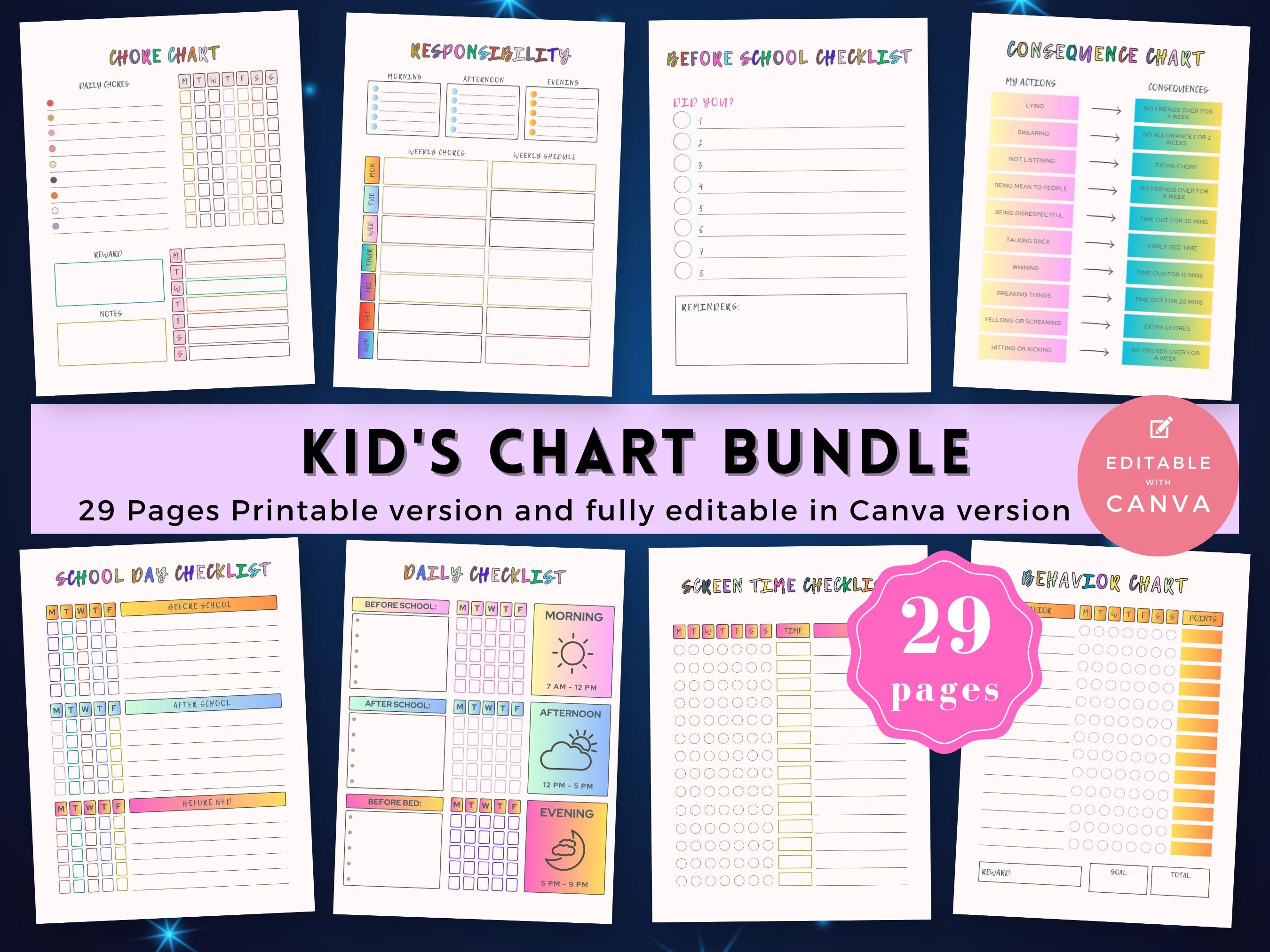 Editable Reward Chart Bundle for Kids Fun Chore Chart Designs Daily ...