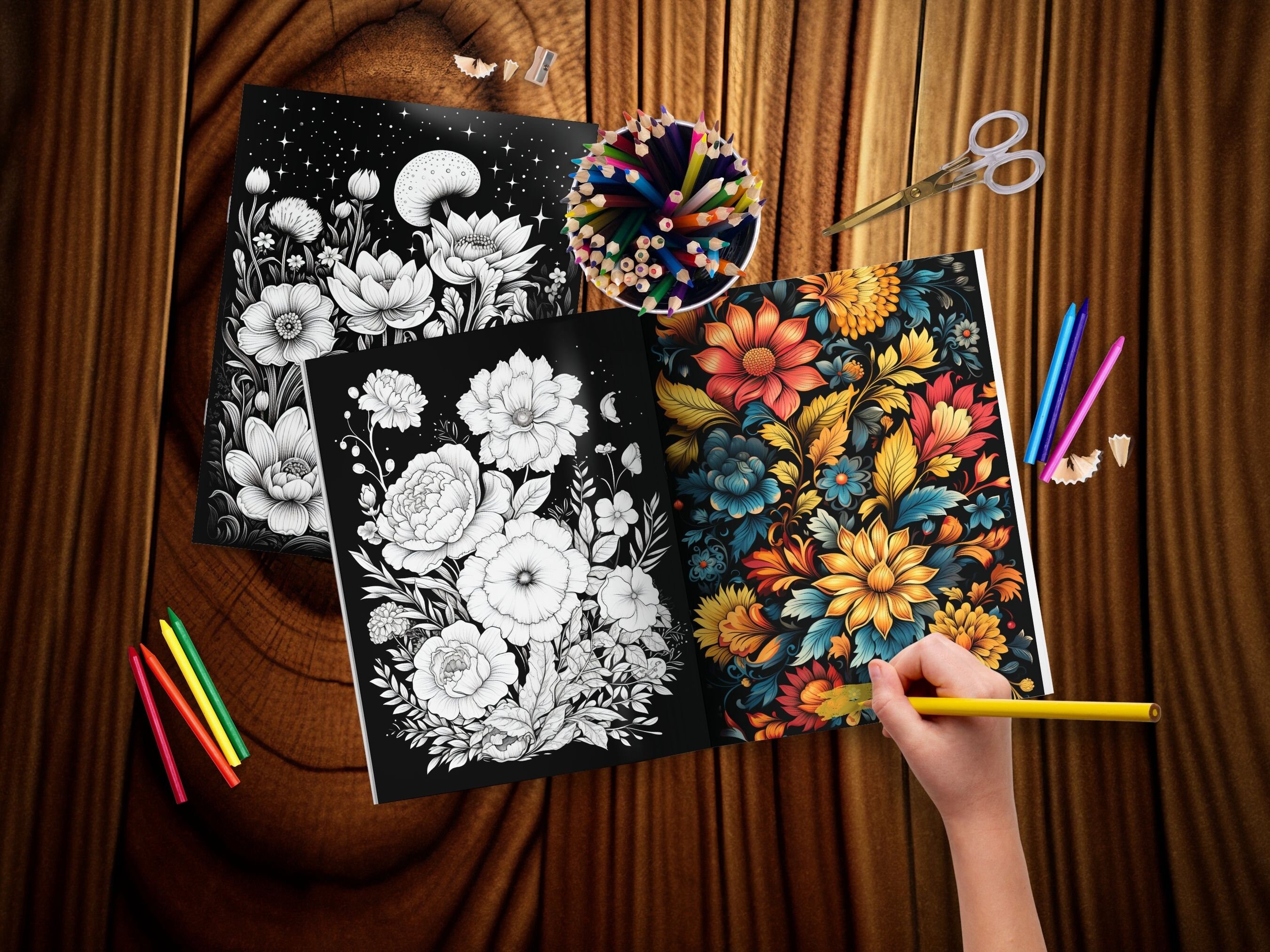 Floral Black Background Coloring Book Instant Download Midnight Blooms ...