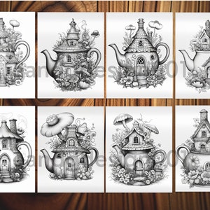 Teapot Fairy House Coloring Pages for Adults Teapot Fantasy Coloring ...