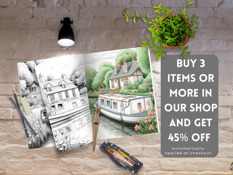 English Canal Boat Coloring Book English Tiny Boat for Stress Relief ...