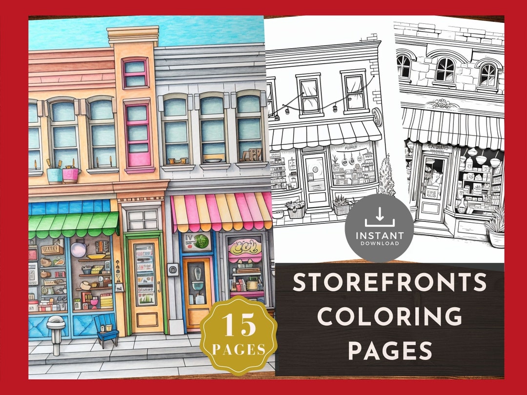 Storefronts Coloring Pages,boho and Hygge Interior Coloring, Building ...
