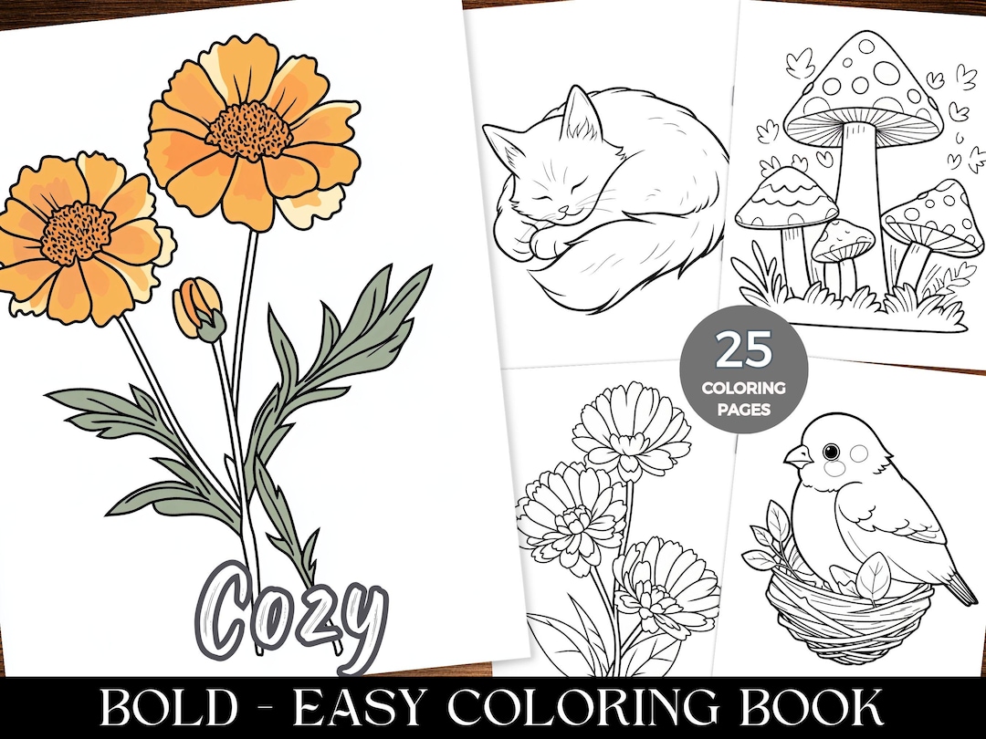 Bold and Cozy Coloring Book, Easy Stress Relief Coloring Pages ...