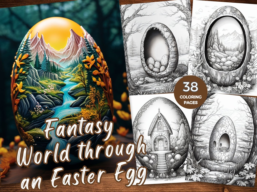 Fantasy World Through an Easter Egg Grayscale Coloring Pages for Adults ...