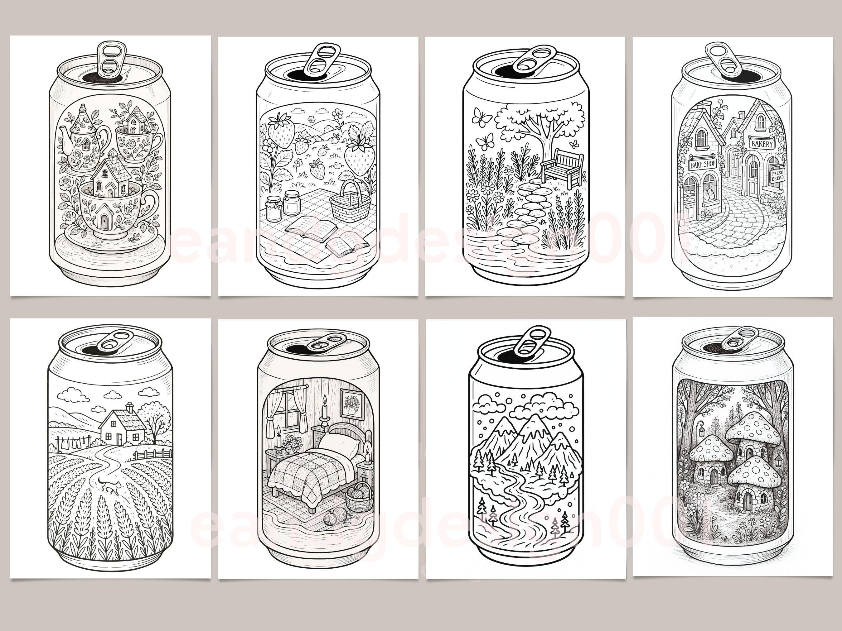 Mini World in a Can Coloring Pages, Whimsical Tiny Worlds Inside Cans ...