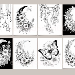 Floral Moon Coloring Pages Celestial Blooms Coloring for Adults Instant ...