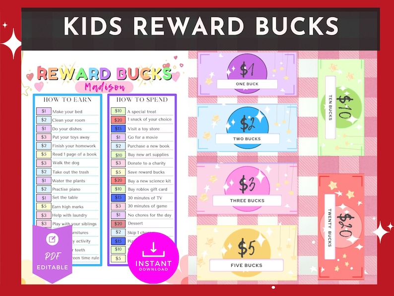 Editable Kids Reward Bucks Printable INSTANT DOWNLOAD Mom - Etsy