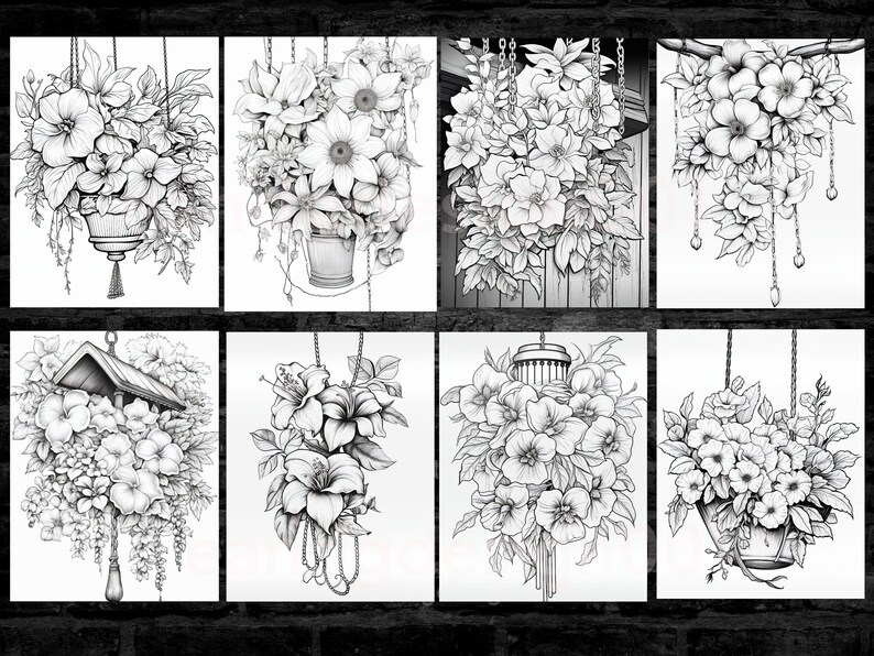 Hanging Flowers Coloring Pages Instant Download Blossom Floral ...