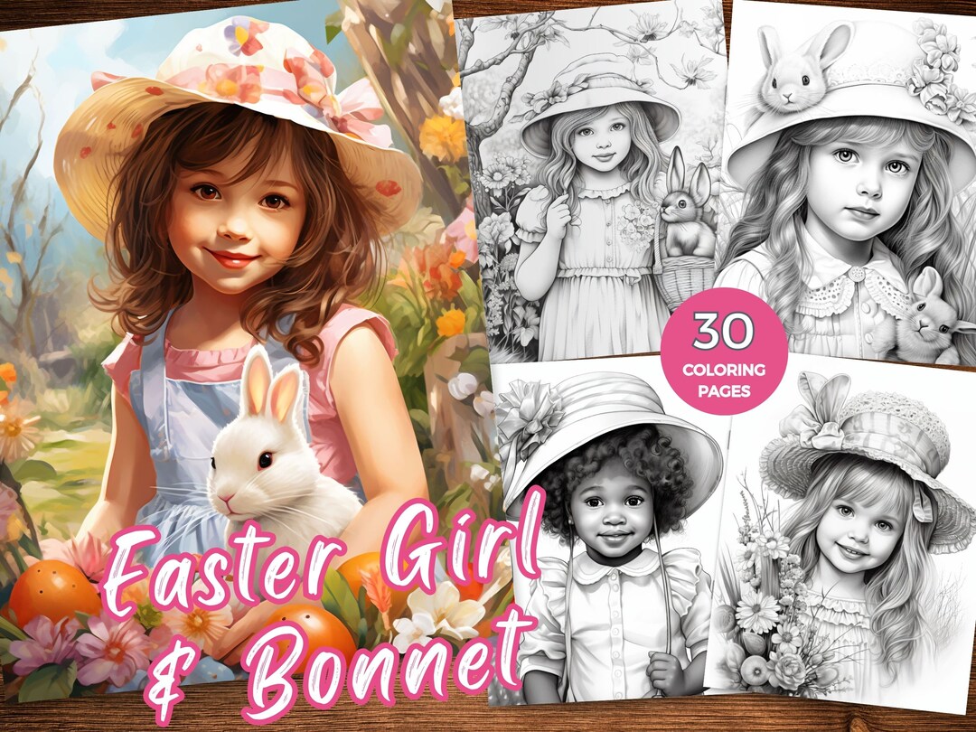 Easter Girl With Bonnet Coloring Pages for Adults Easter Little Girl ...