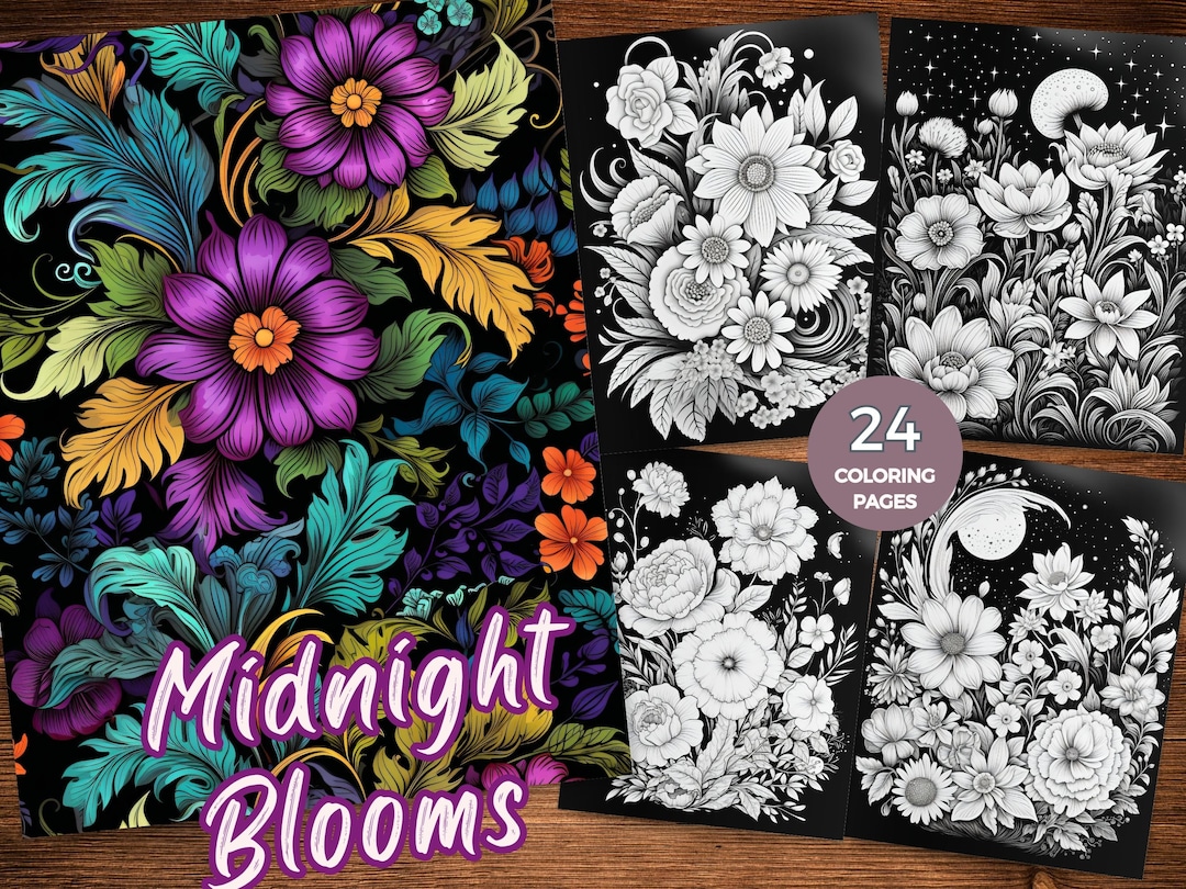 Floral Black Background Coloring Book Instant Download Midnight Blooms ...