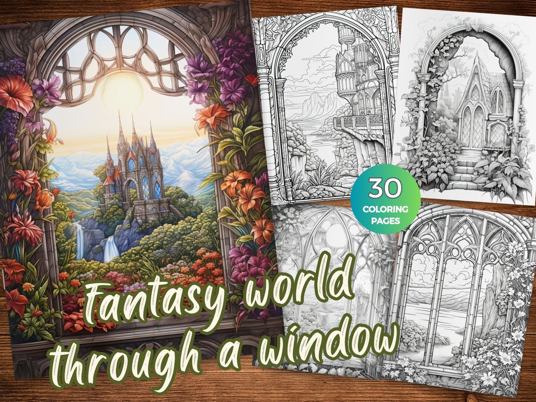 Fantasy World Through a Window Coloring Pages for Adults Window to ...