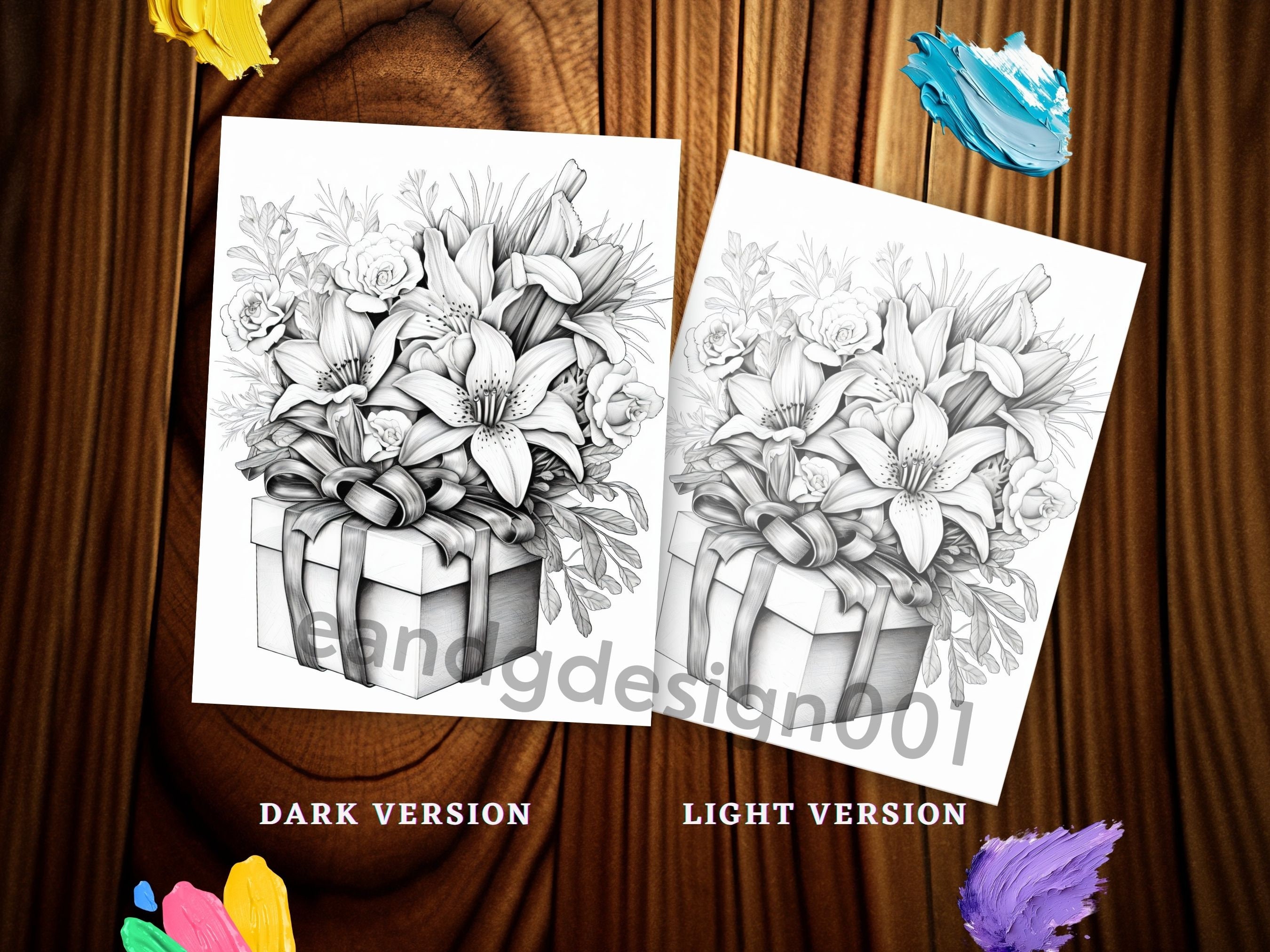 Flowers Gift Box Coloring Pages Adult Coloring Book Bouquet Gift Box ...