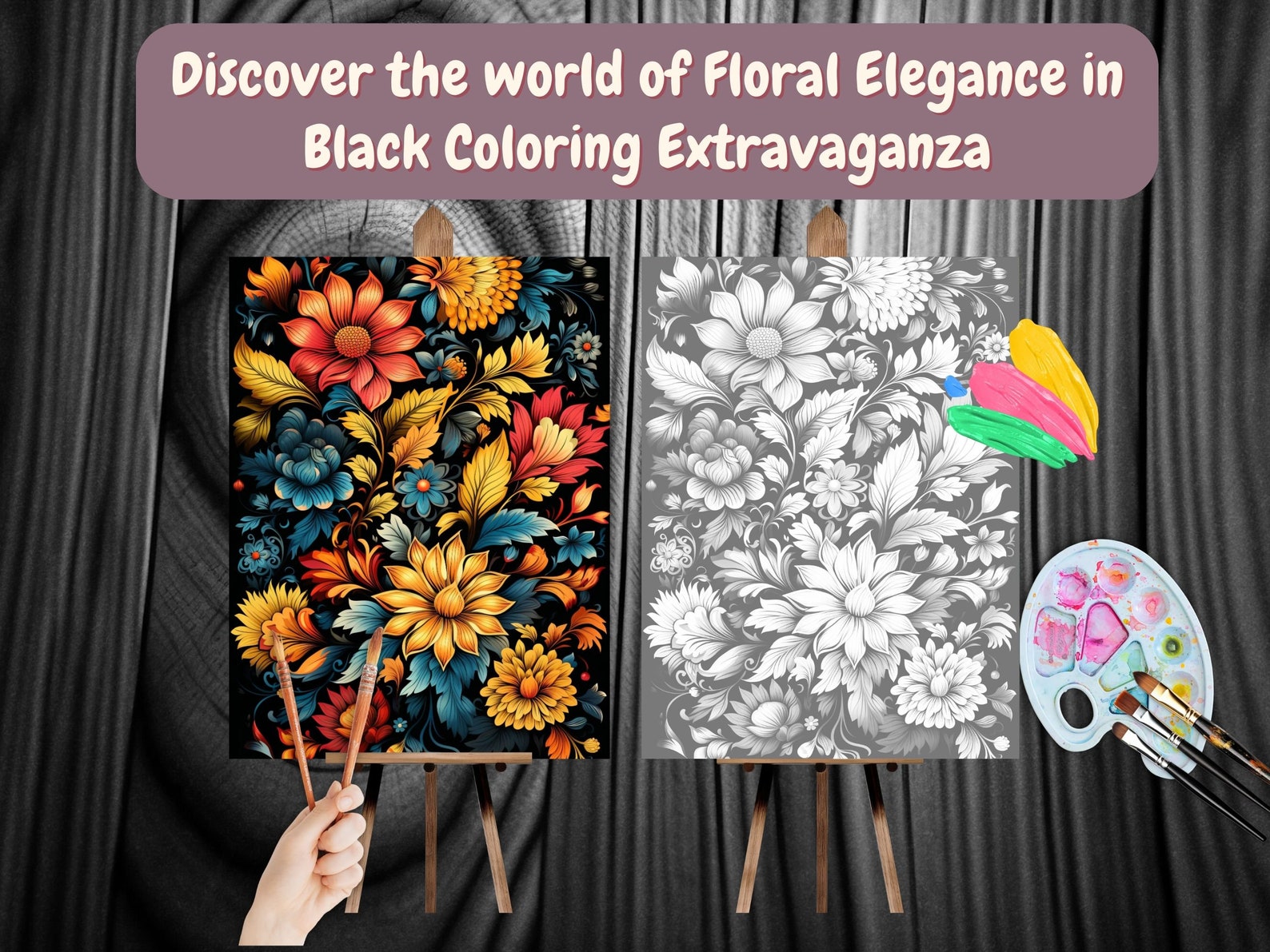 Floral Black Background Coloring Book Instant Download Midnight Blooms ...