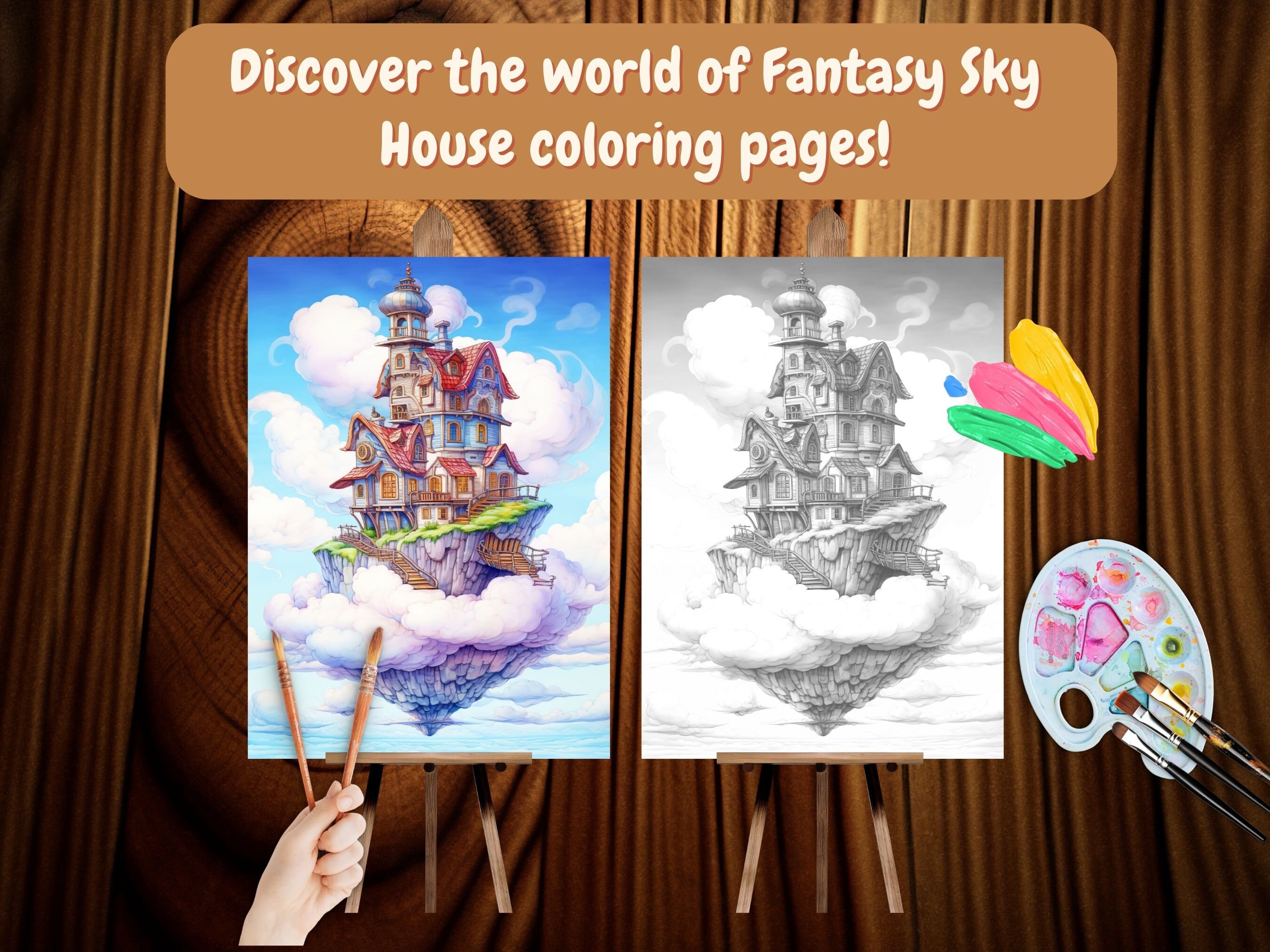 Fantasy Sky House Coloring Pages for Adults Sky Castle Coloring Sheets ...