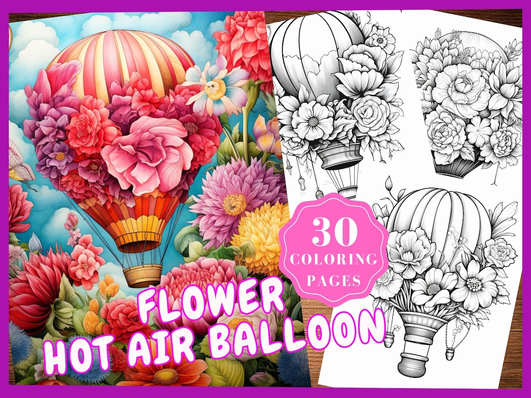 Flower Hot Air Balloon Coloring Pages for Adult Grayscale Coloring Book ...