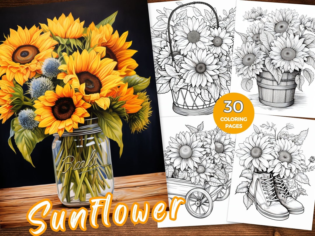 Sunflowers Coloring Pages Summer Flowers for Adults Instant Download ...