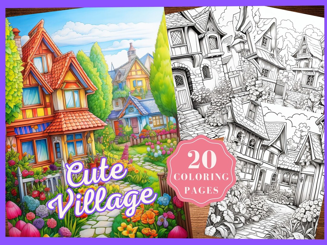 Village Coloring Pages, Cute Village Homes Coloring Book, Adults Kids ...