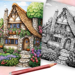 Stone House Cottage Coloring Pages for Adults Instant Download Stone ...