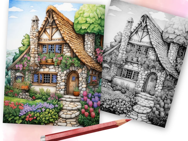 Stone House Cottage Coloring Pages for Adults Instant Download Stone ...