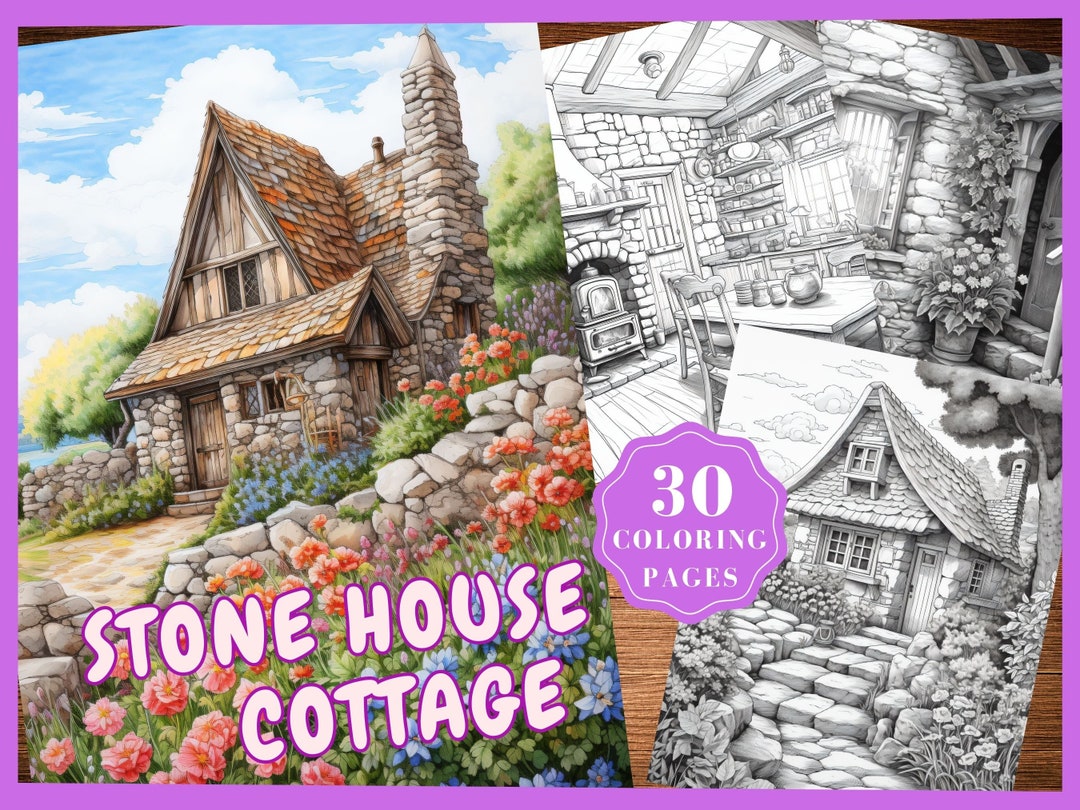 Stone House Cottage Coloring Pages for Adults Instant Download Stone ...