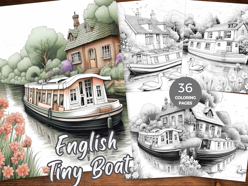 English Canal Boat Coloring Book English Tiny Boat for Stress Relief ...