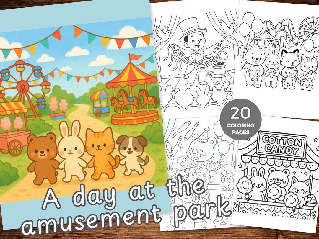 A Day at the Amusement Park Coloring Pages, Cute Animal Friends ...