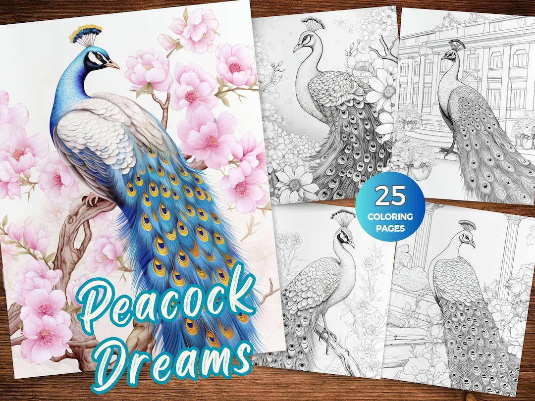 Peacock Printable Coloring Pages of Peacocks Instant Download Grayscale ...